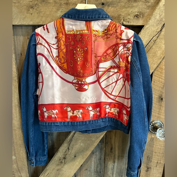 Jackets & Coats | Denim Crop Jacket With Hermes Equestrian Design Scarf ...